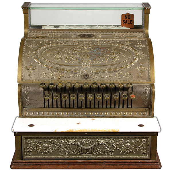 Cash Registers, National, Model 332, Brass, Hinged Lift-Up Lid, 22 Push ...