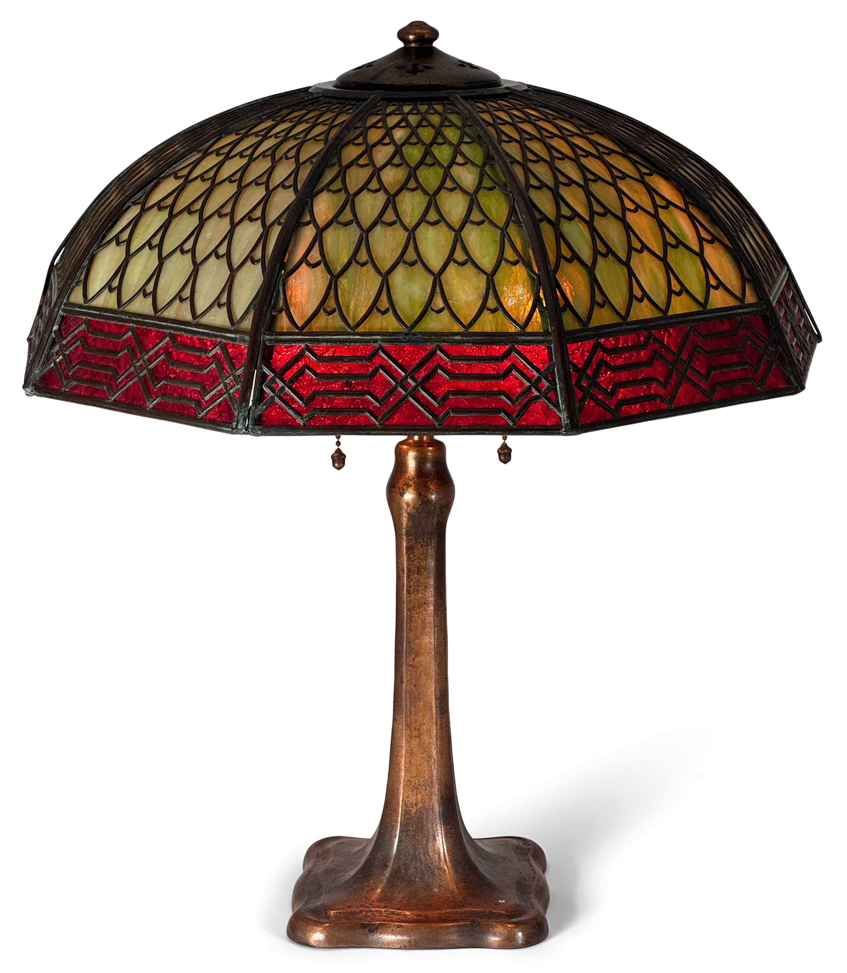 Handel, Lamp, 2-light, slag glass shade, panels, red lower border ...