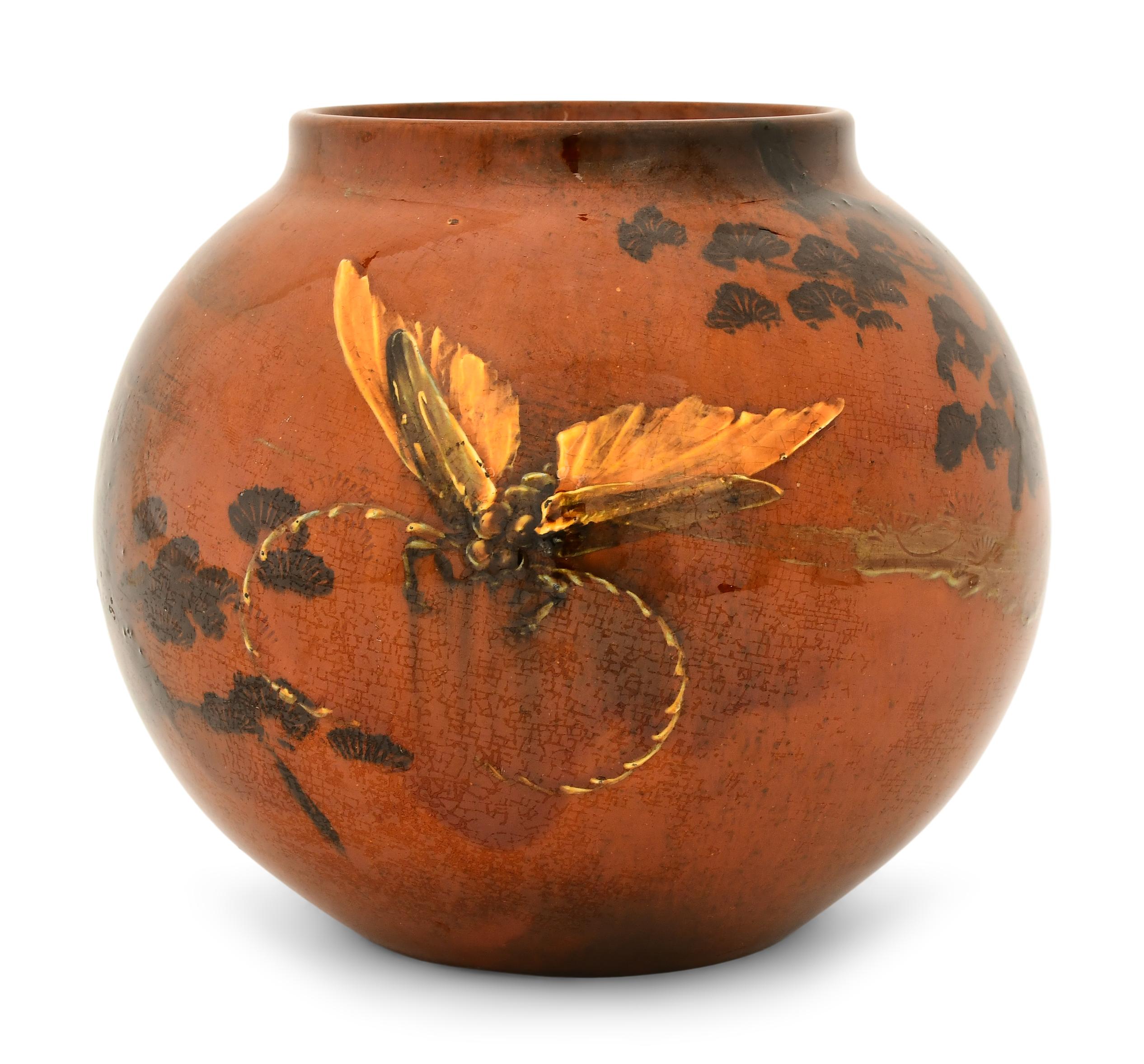 Rookwood, Vase, Japonisme, moth, leafy branches, brown ground, gobular ...